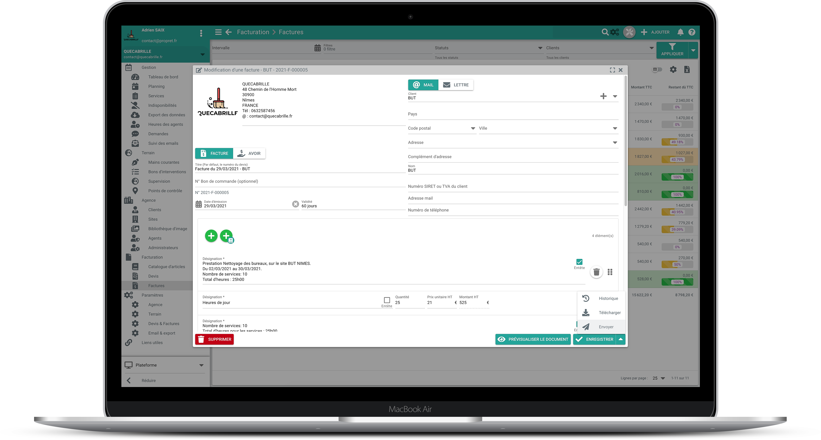Logiciel facture pour entreprise de nettoyage - PROPRET®
