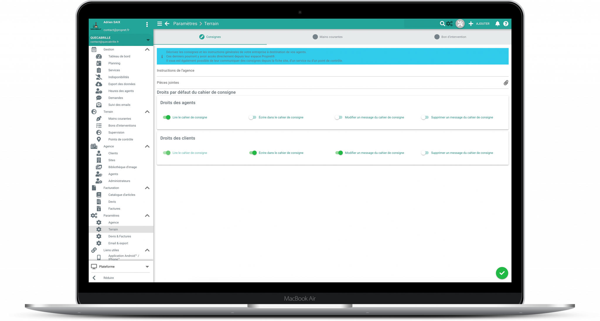 Cahier de consignes destiné aux agents et clients - PROPRET®