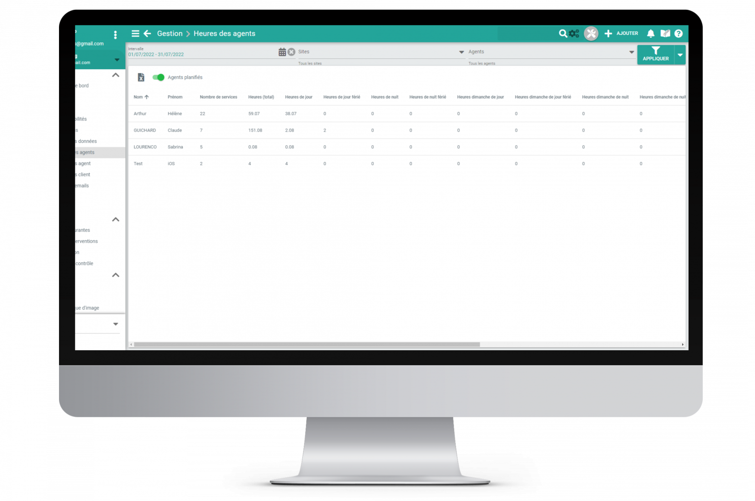 Tableau compteur d'heures des sites - logiciel PROPRET®